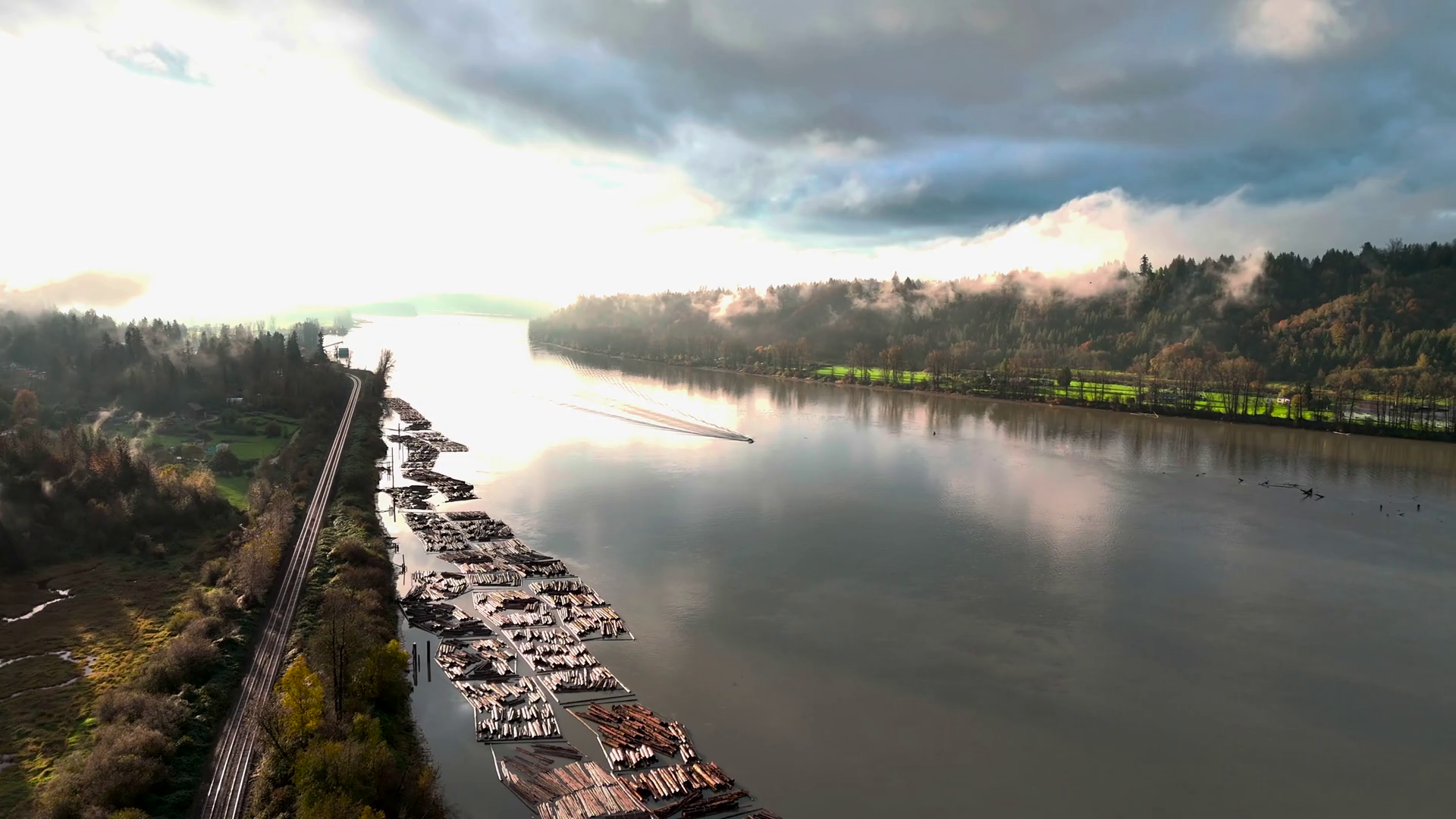 Aerial View Of Log Boom On River With Stock Footage SBV-352042577 ...