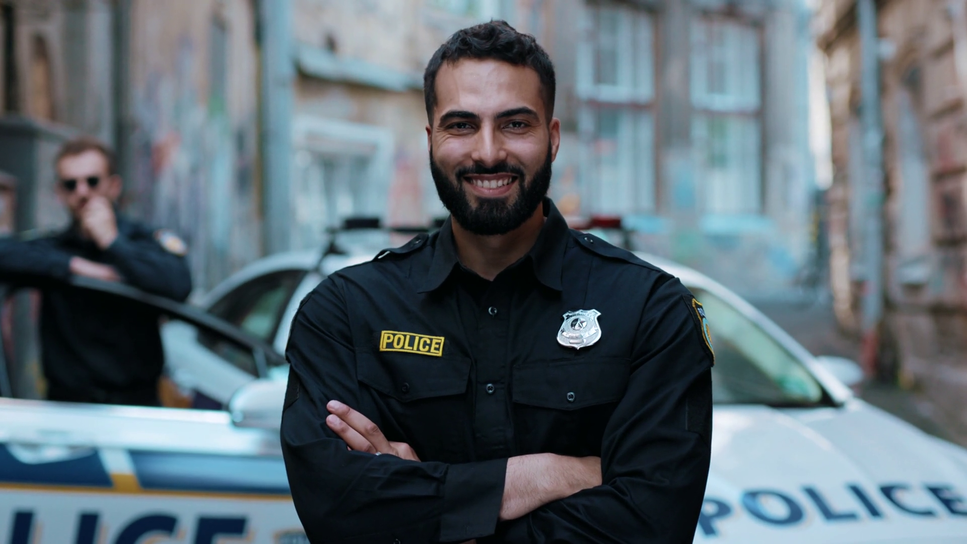 Smiling Young Man Cops Stand Near Patrol Car Stock Footage SBV ...