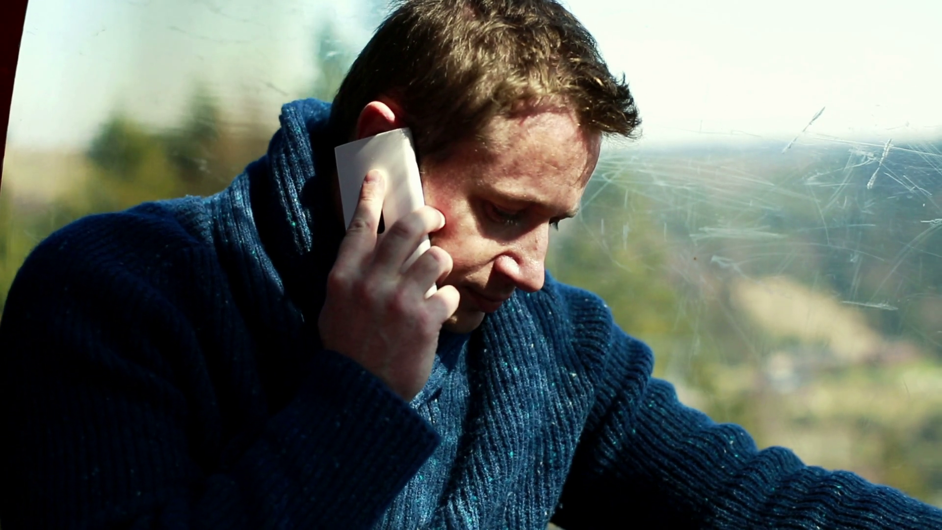 Sad Man Talking On Phone Travelling In Cable Stock Footage SBV ...