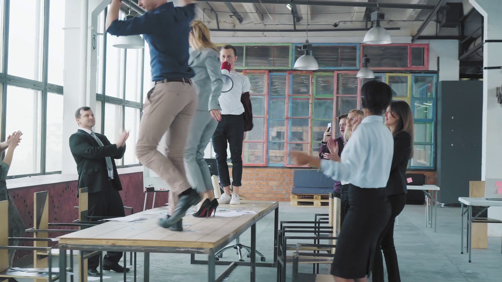 Colleagues Fun Dancing Jumping On Table Stock Footage SBV-335526972 ...