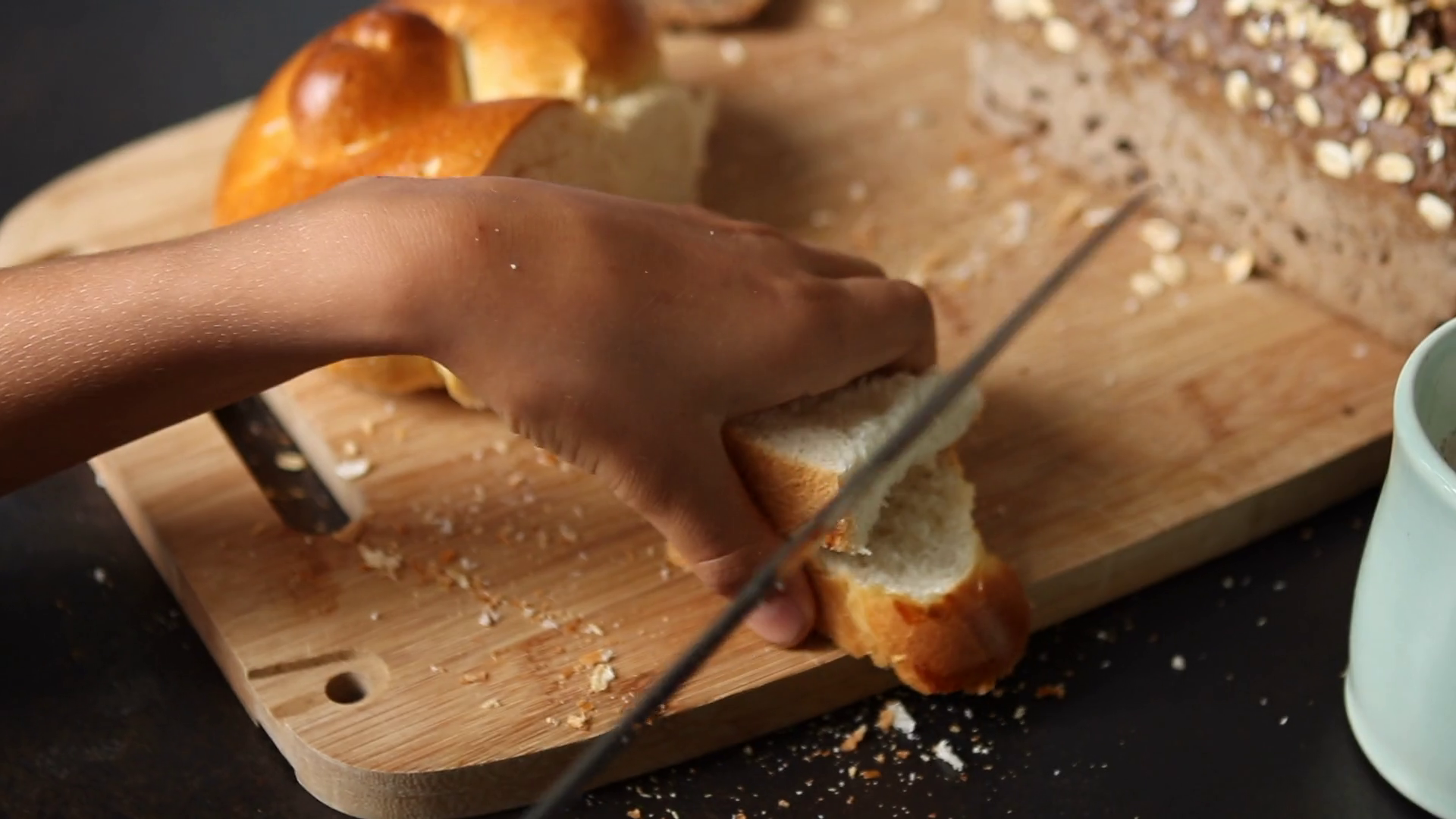 Hands Cutting Slice Of Bread Brioche Close Up Stock Footage SBV ...