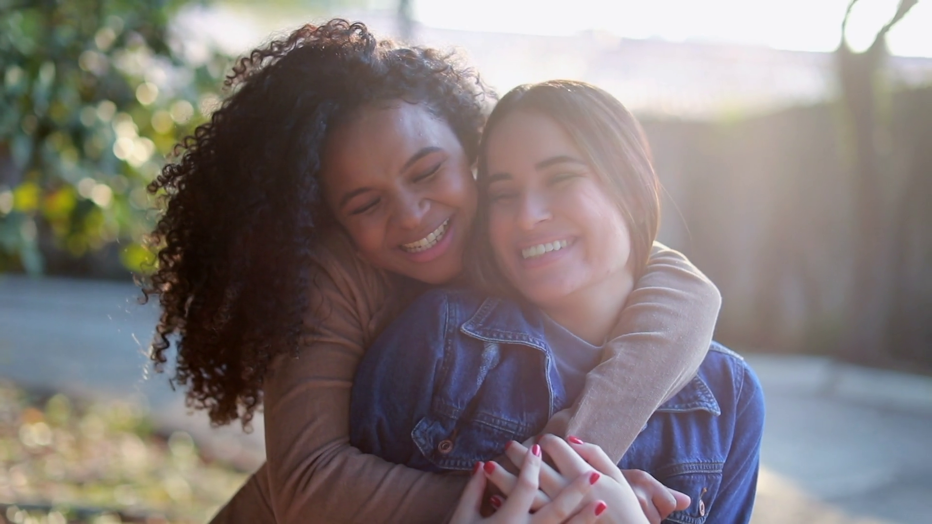Happy Two Friends Embrace Hug Outside At Stock Footage SBV-348689276 ...