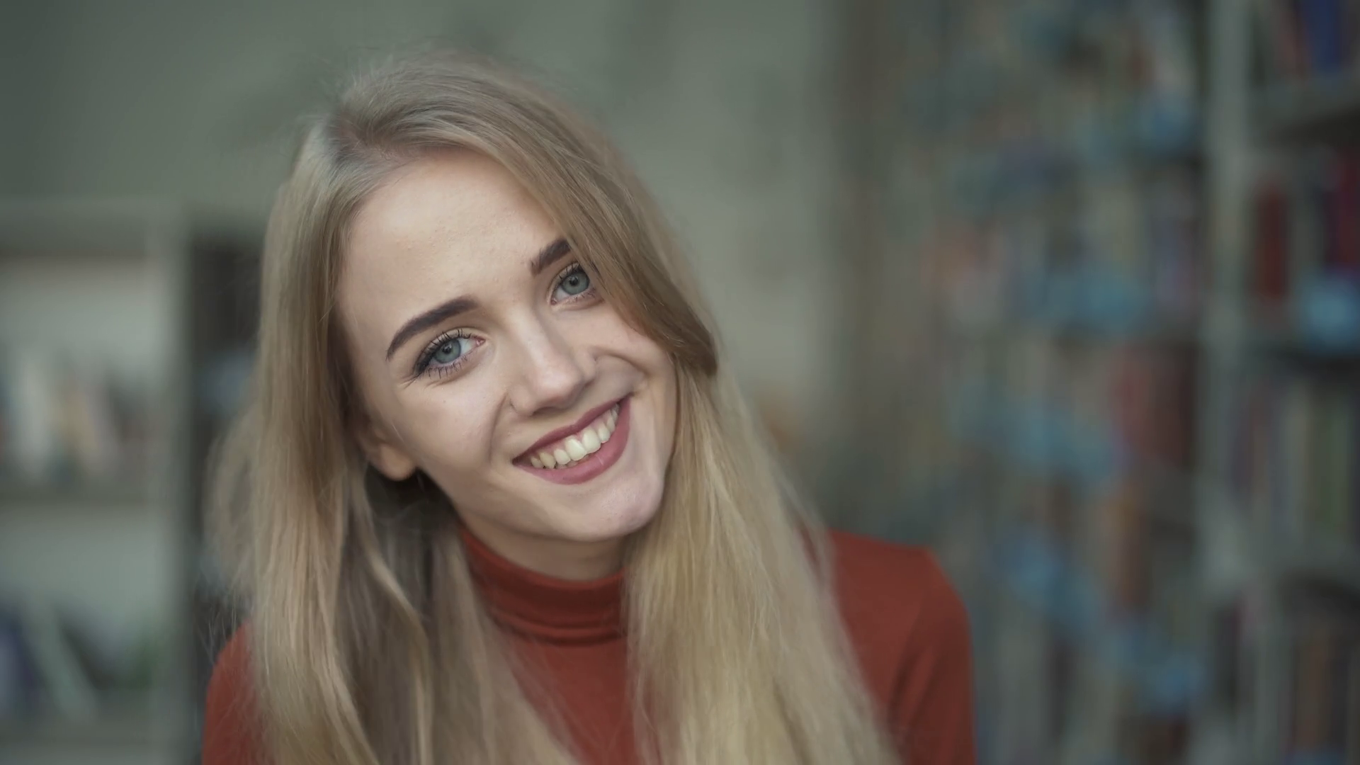 The Girl Shyly Lowers Eyes Smiles In Camera Stock Footage SBV-328875337 ...
