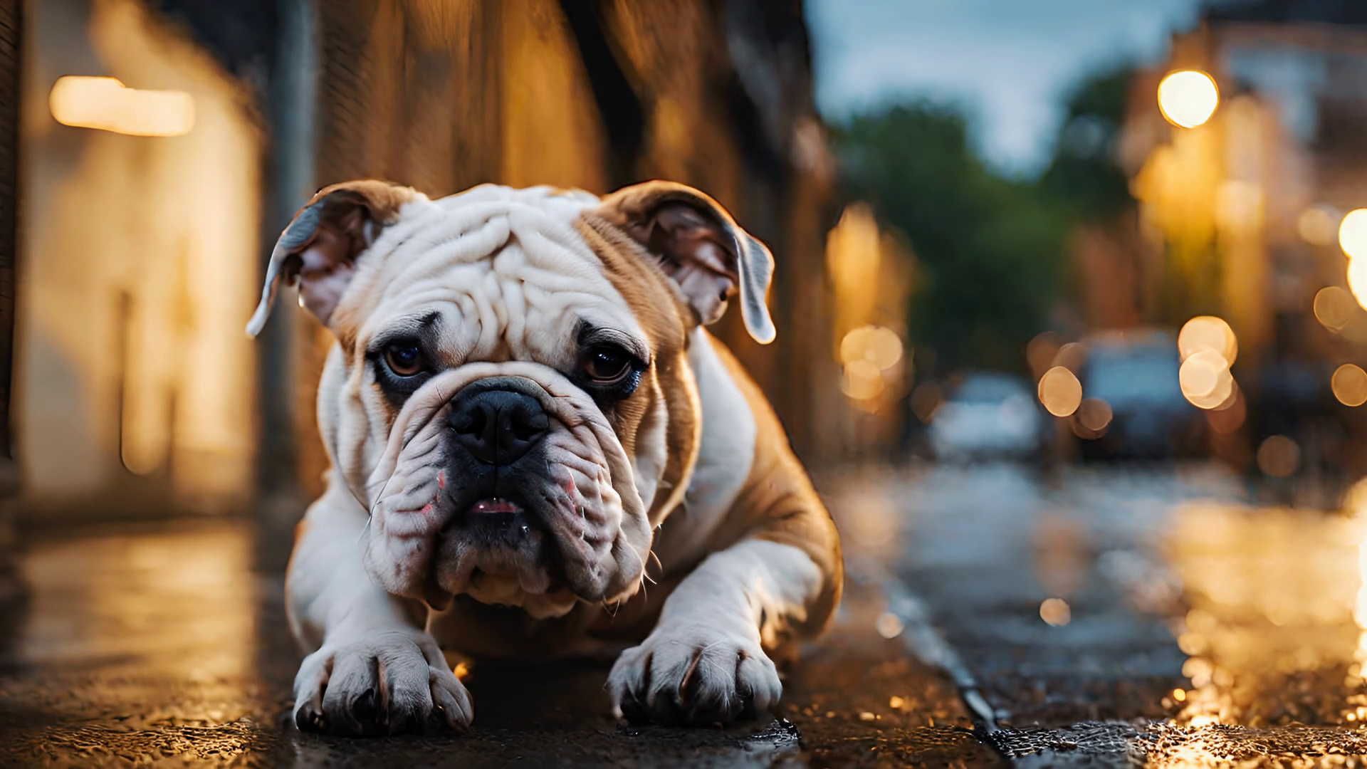 English Bulldog Dog Lying At Wet Ground Rain Stock Footage SBV ...