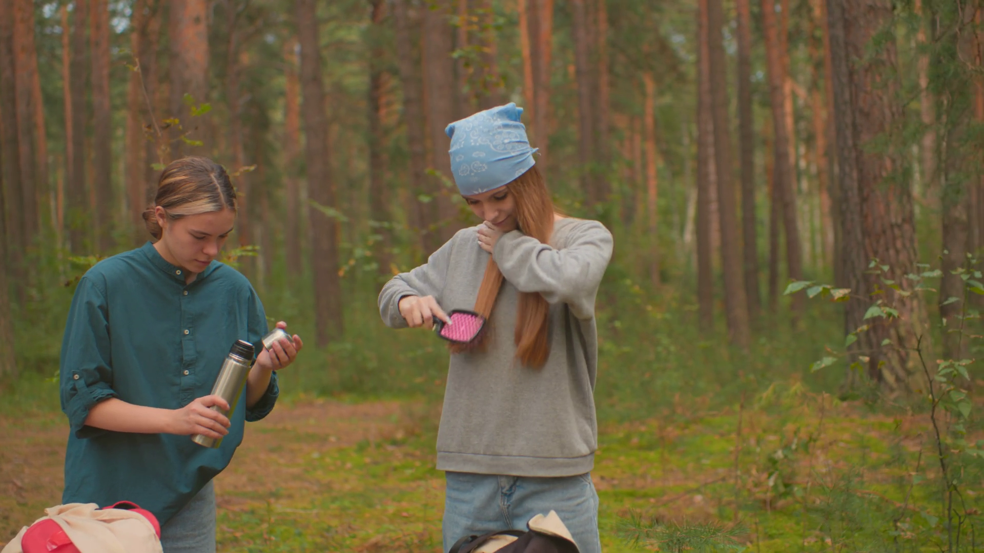 Young Women Pause In Forest Holding Thermos Stock Footage SBV-349399809 ...
