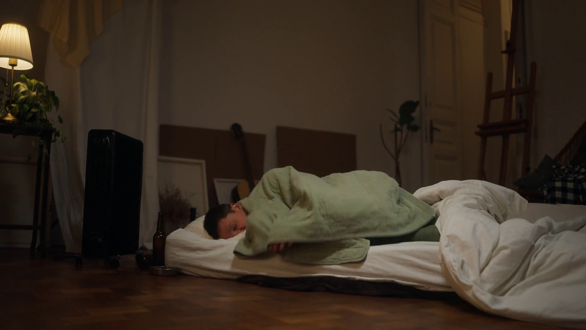 Tired Male Artist Covers With Blanket Lies Stock Footage SBV-352300597 ...