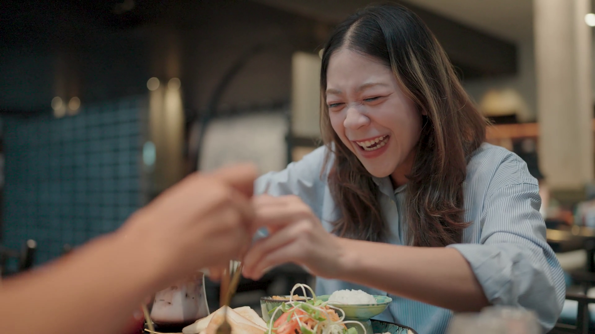 Enjoying Fun Lunch Young Woman Laughs Enjoys Stock Footage SBV ...
