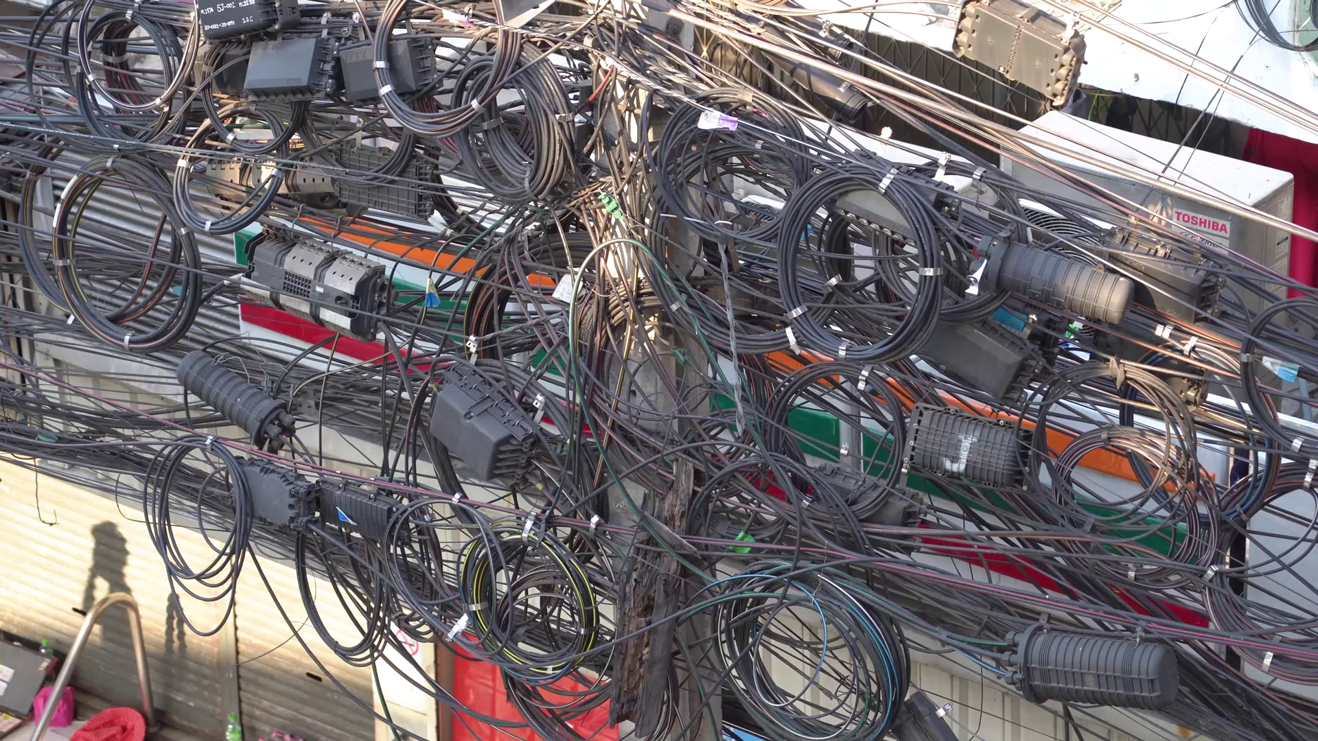 Overloaded Utility Pole With Tangled Wires Stock Footage SBV-352125849 ...