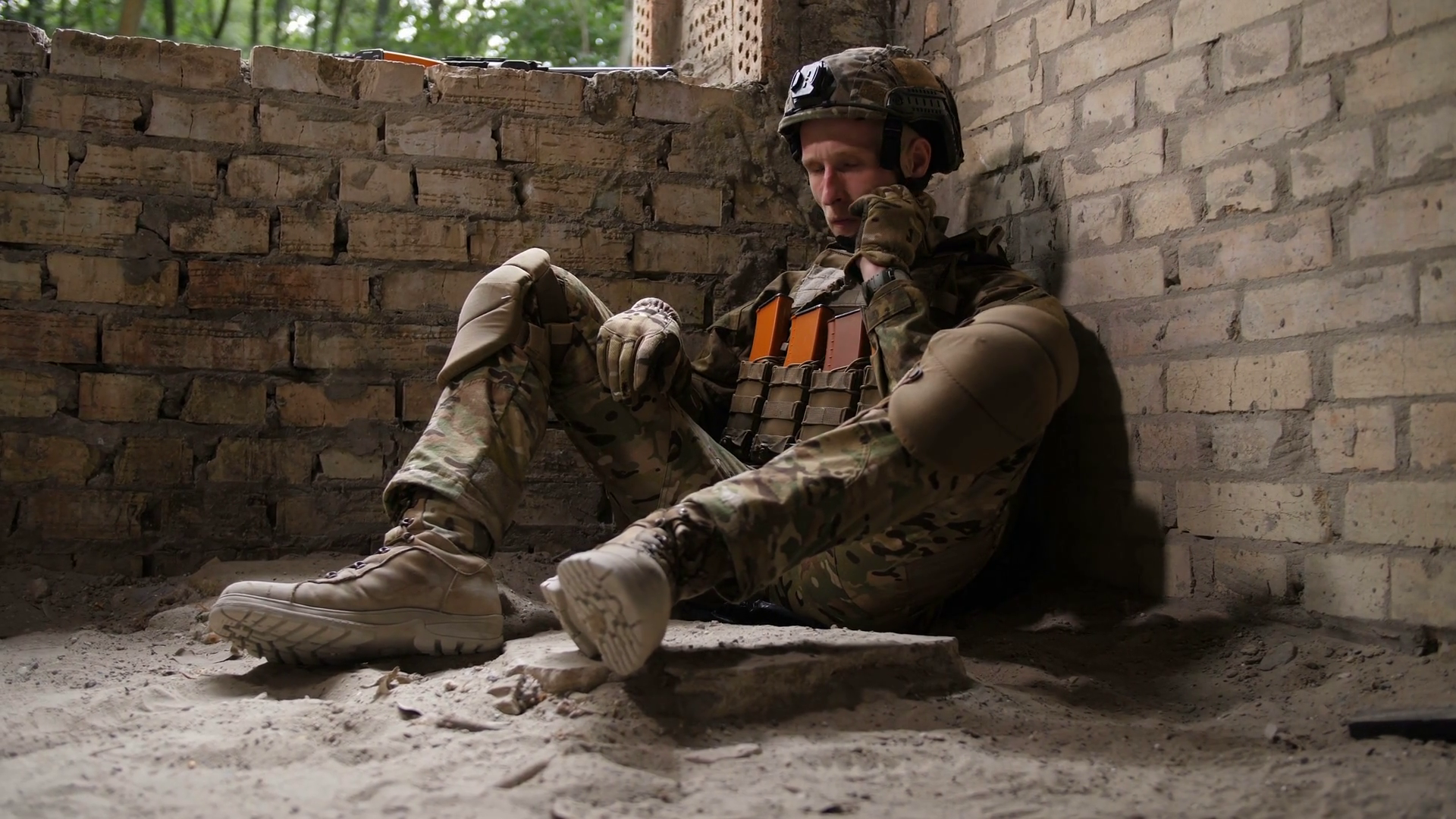 Tired Battle Army Soldier Taking Helmet Off Stock Footage SBV-328334413 ...