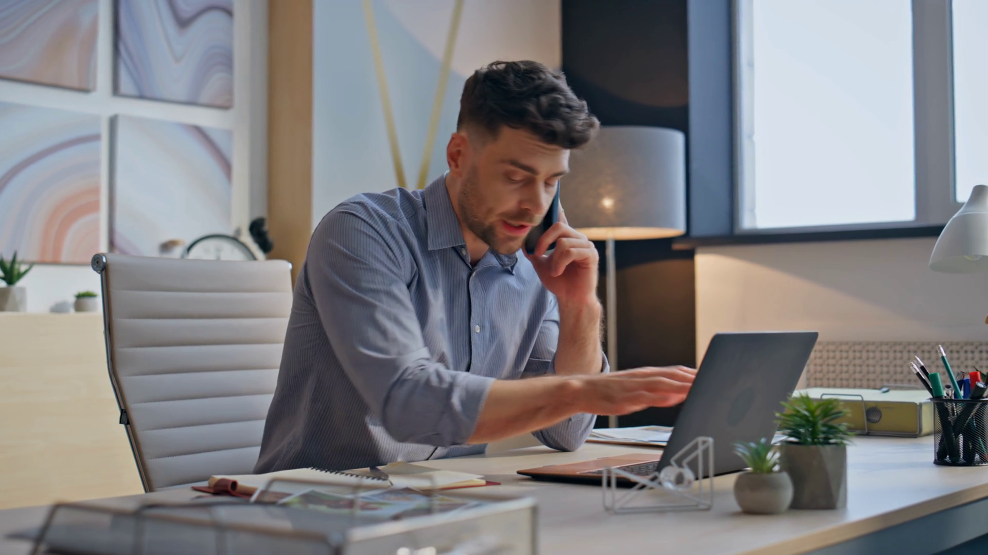 Busy Worker Calling Cellphone Working Pc At Stock Footage SBV-349133515 ...