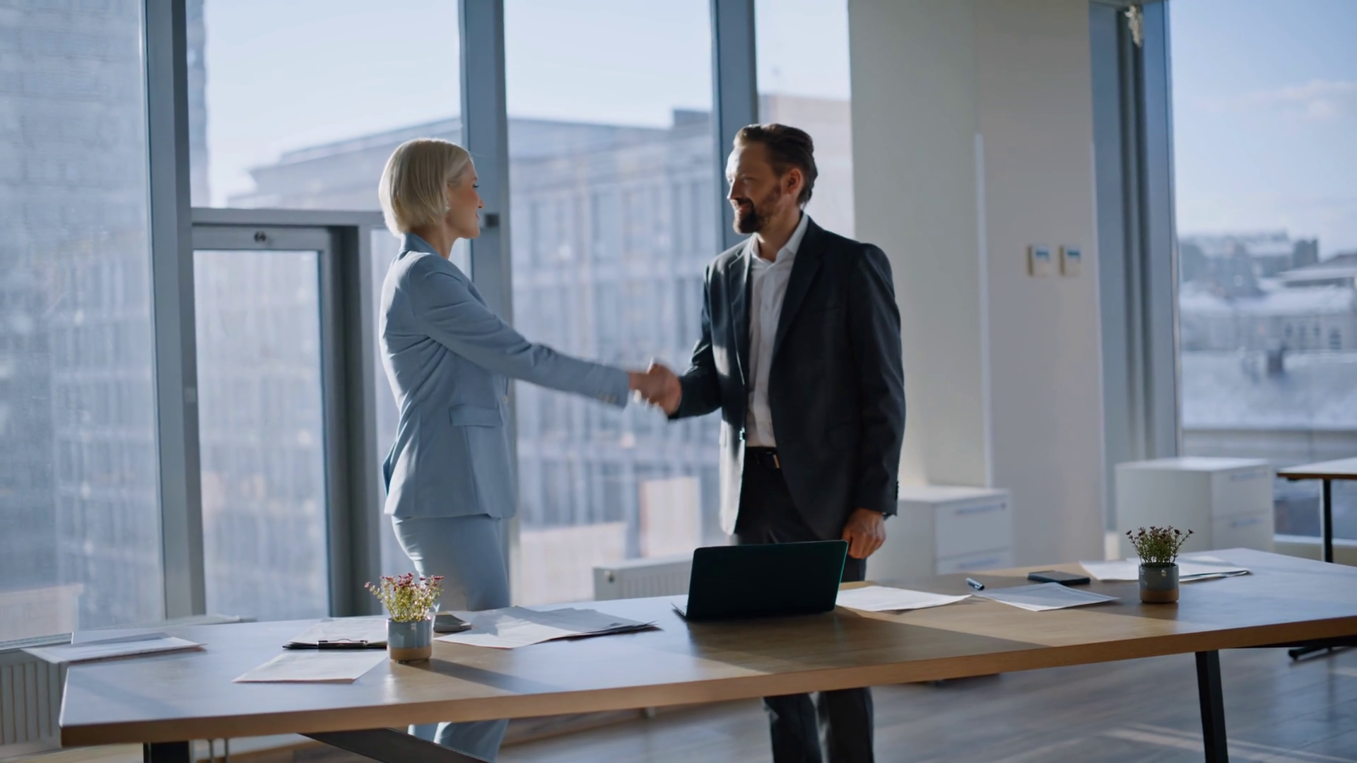 Startup Founders Handshake Office Smiling Stock Footage SBV-352805940 ...